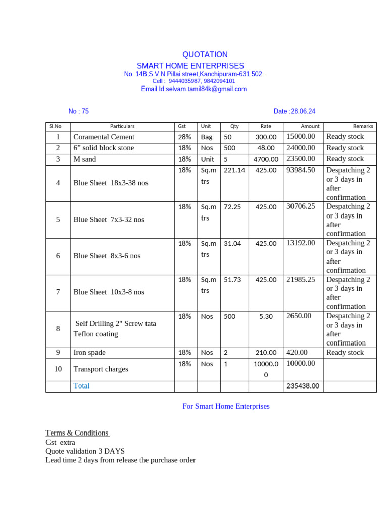 Smart Home Enterprises Quotation Summary | PDF | Building Materials