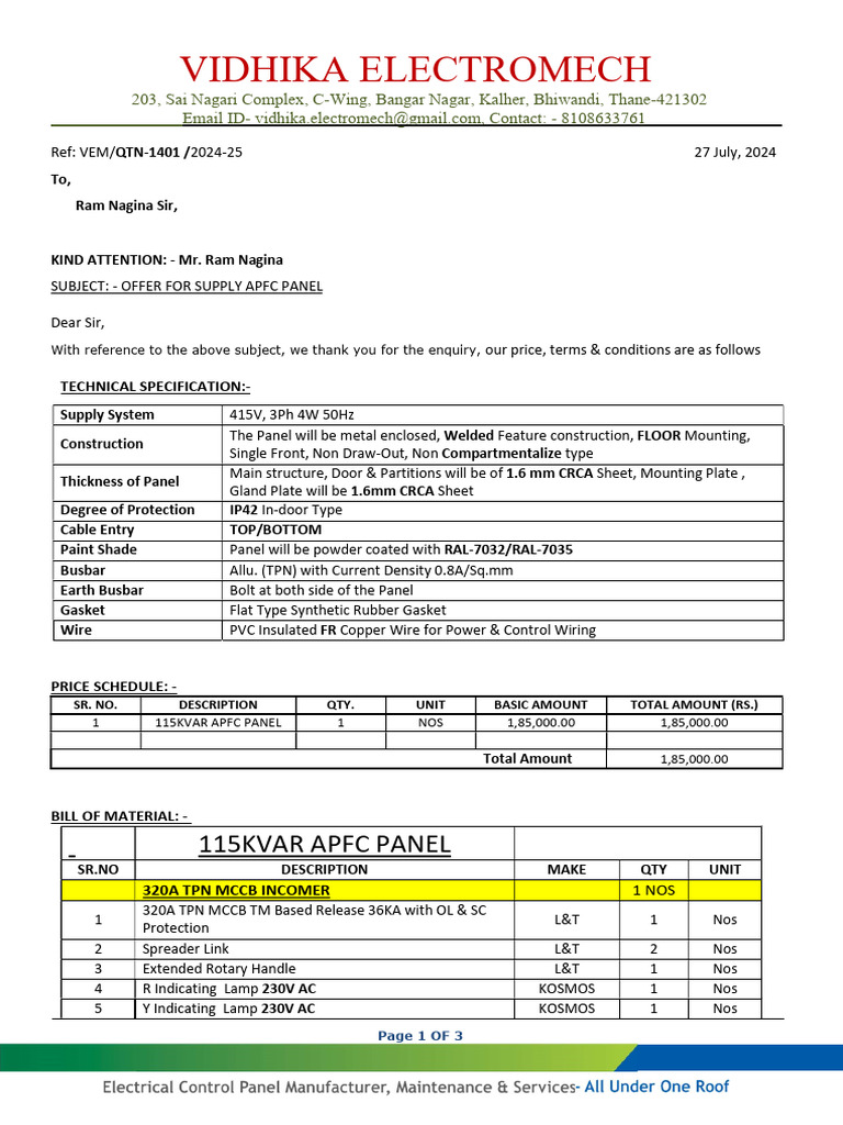 offer format | PDF | Electrical Engineering | Electricity