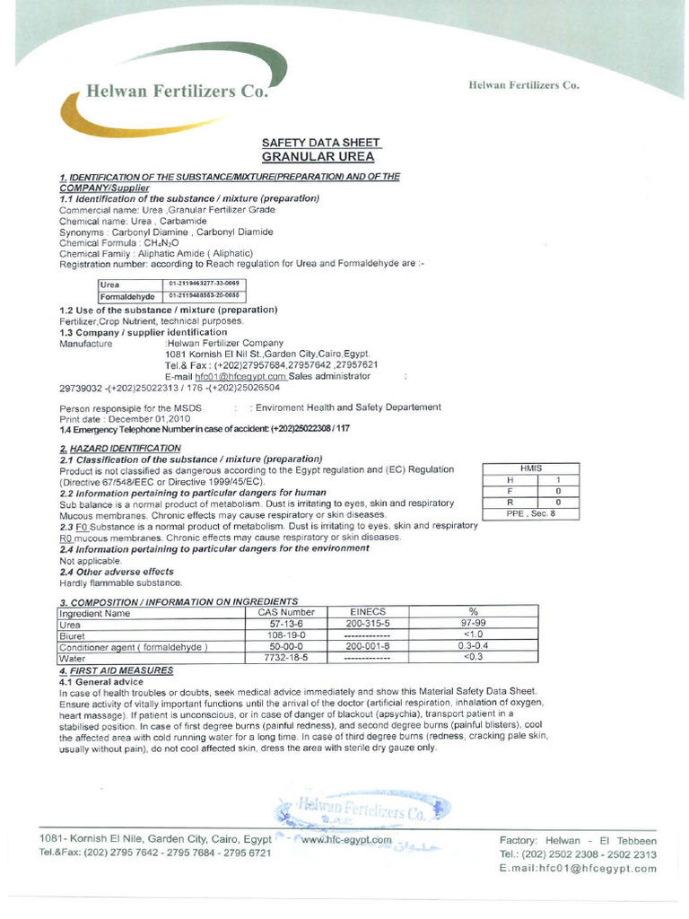 Helwan - MSDS Urea With Reach Registration | PDF