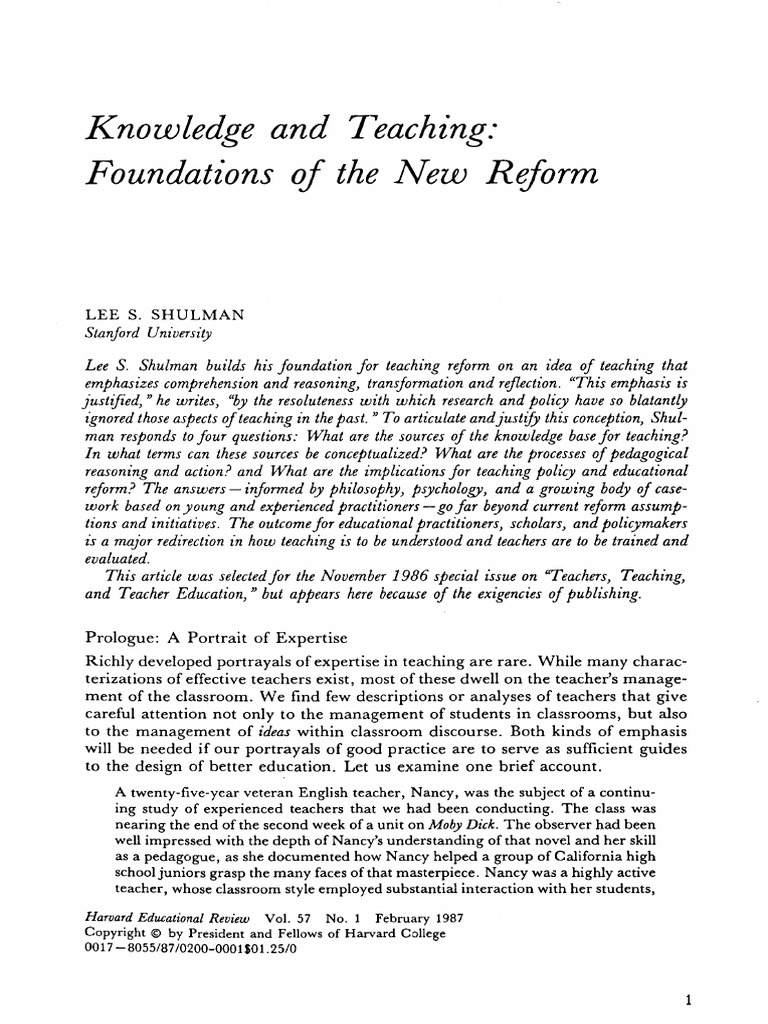 Shulman - Knowledge and Teaching: Foundations of The New Reform | PDF ...