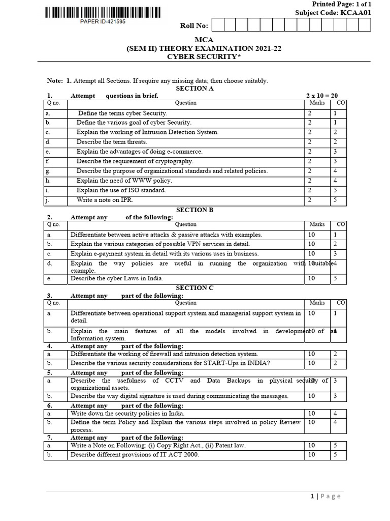 Mca 2 Sem Cyber Security Kcaa01 2022 | PDF | Security | Computer Security