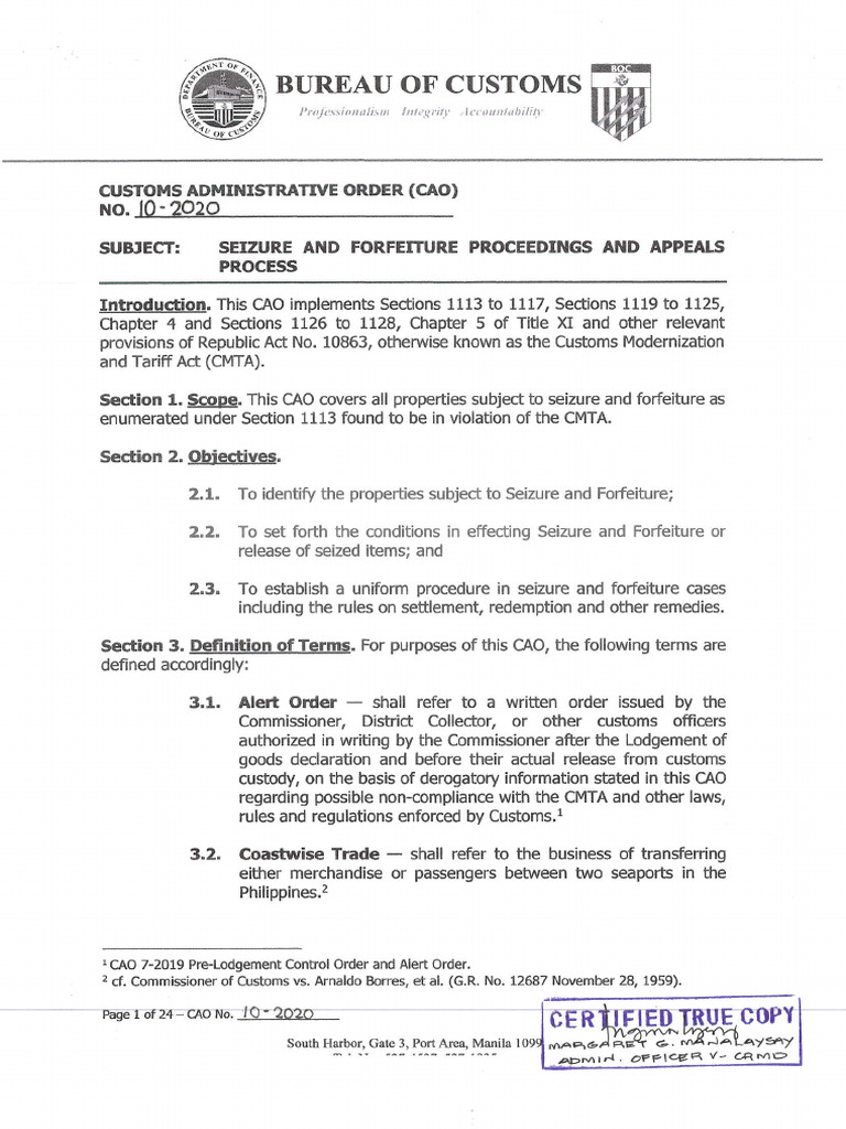 BOC Customs Administrative Order No 10 2020 | PDF