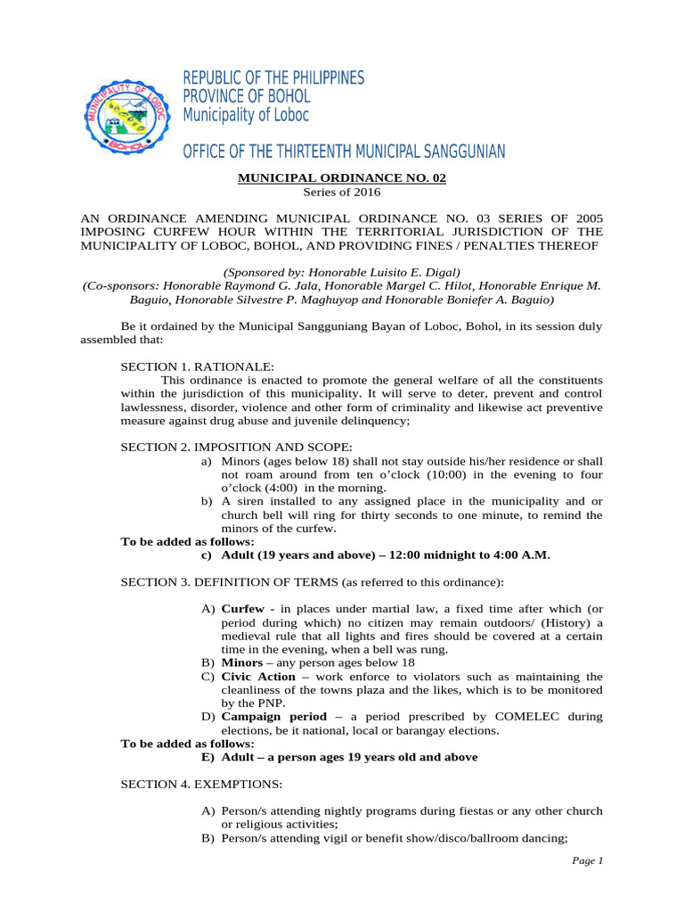 2016 Mun. Ord. No. 02 Amendment Curfew Ord. | PDF | Local Ordinance ...