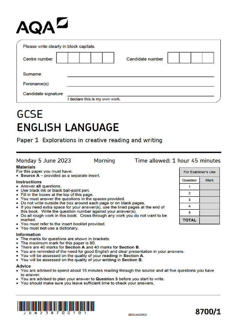 Aqa Gcse English Lang QP Jun23 p1 | PDF