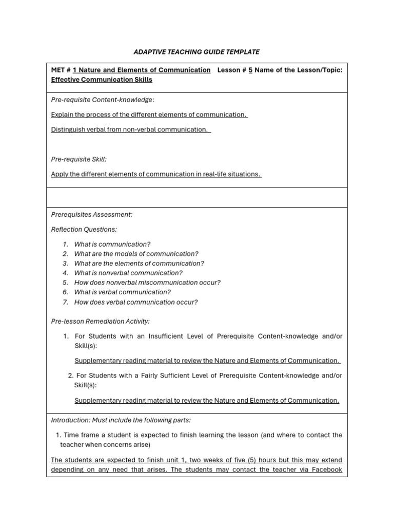 ADAPTIVE TEACHING GUIDE Template | PDF | Communication | Nonverbal ...