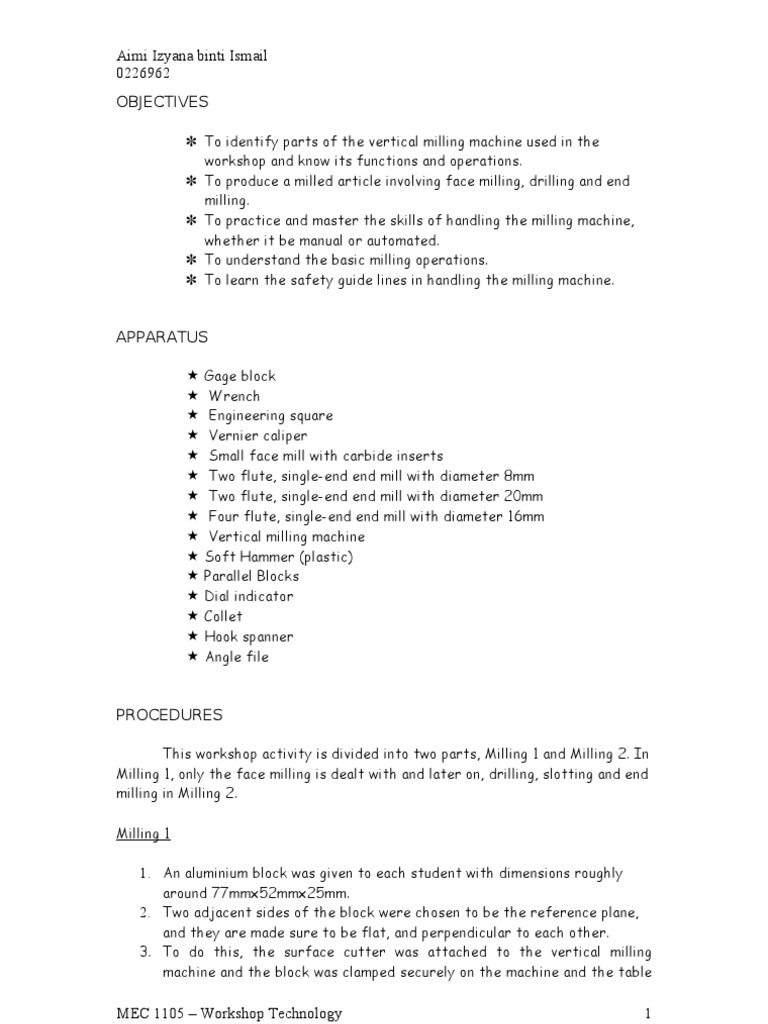 Mastering Milling Machine Operations Through Hands-On Practice | PDF ...