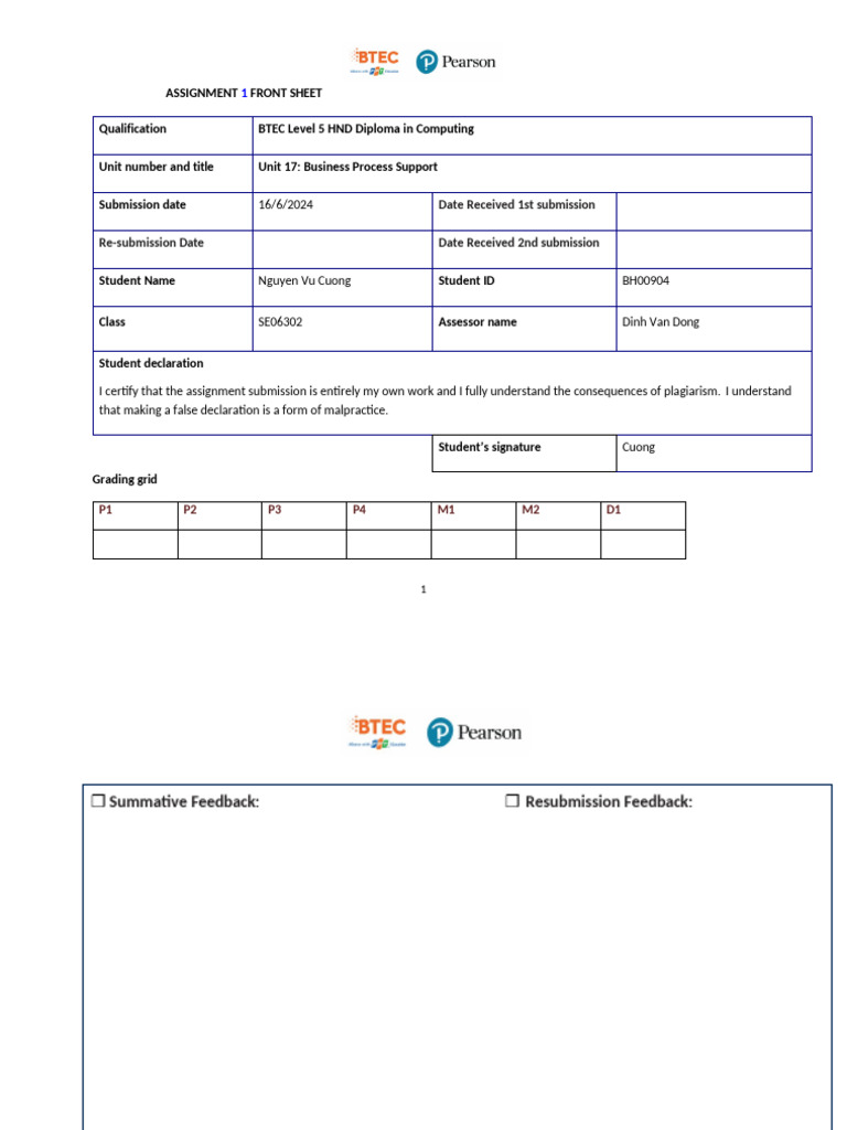 Assignment Front Sheet Qualification BTEC Level 5 HND Diploma in Computing Unit Number and Title ...