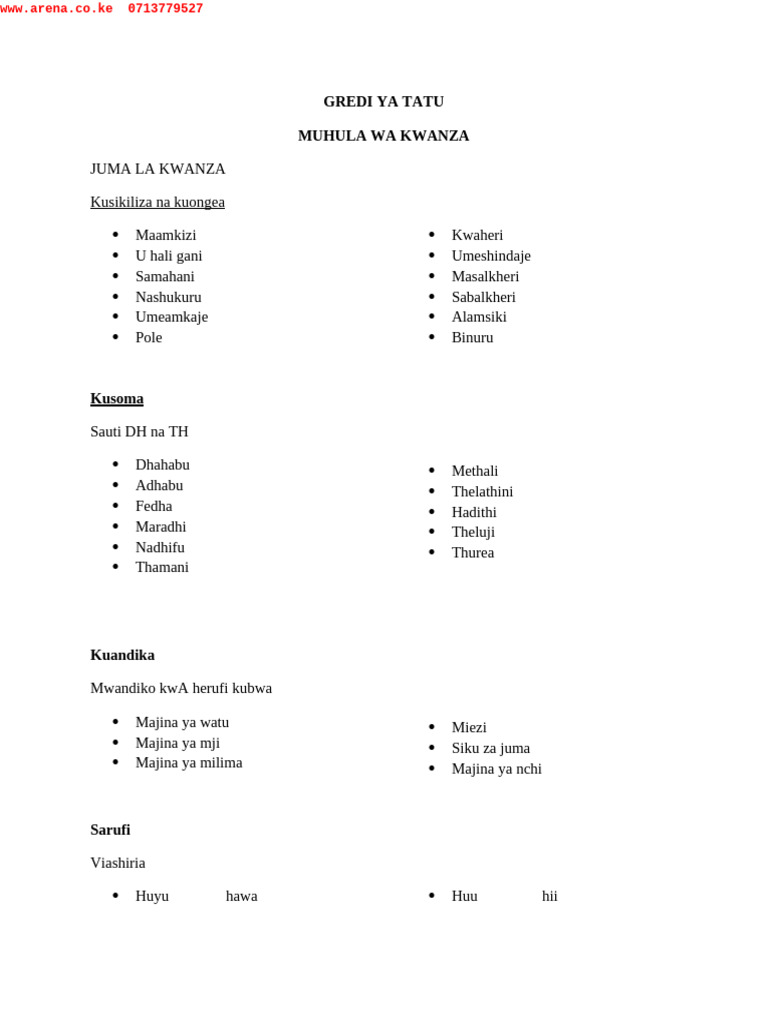 Kiswahili Grade 3 Notes Teacher - Co .Ke | PDF