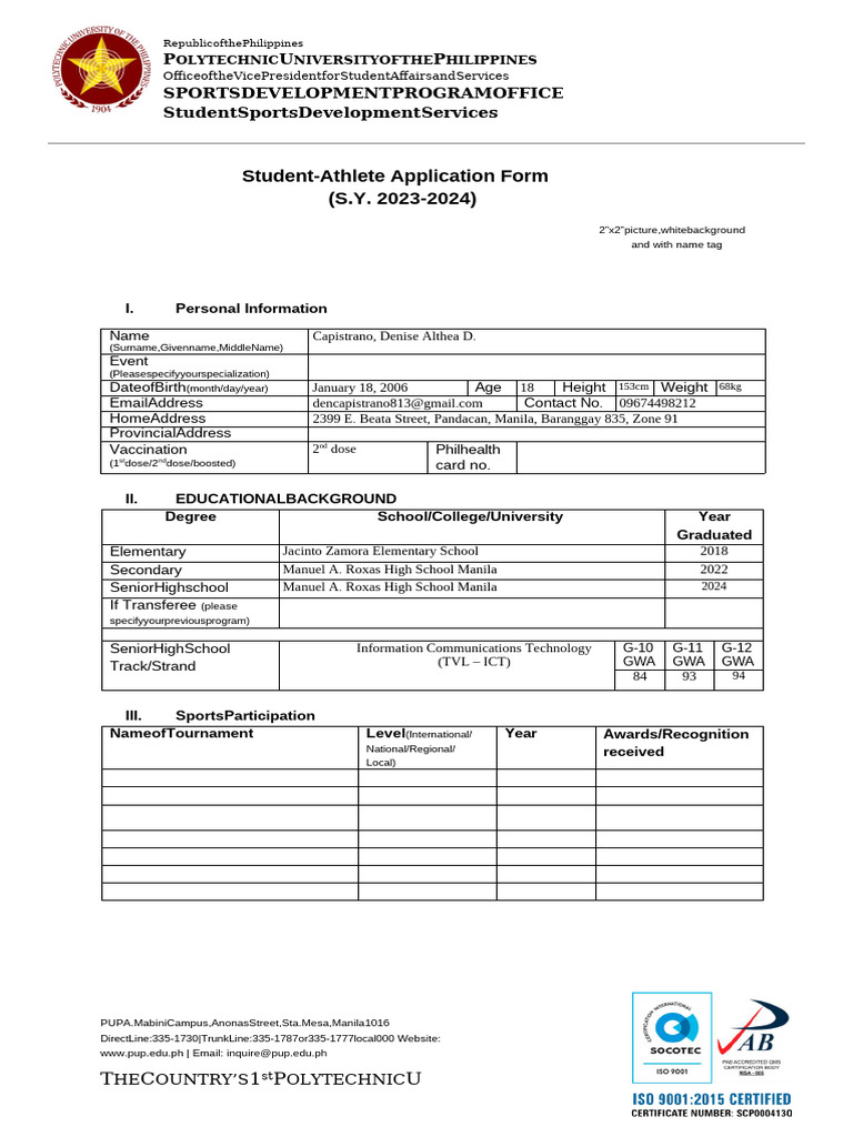 SSDS Student Athlete Application Form 1 Capistrano Denise ALthea D. | PDF