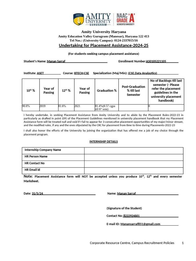 Seeking Placement Assistance - Student Declaration Form-2024-25 (1 ...