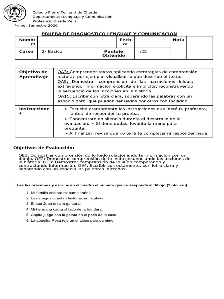 Prueba Diagnóstico Lenguaje 2dos 2020 | PDF