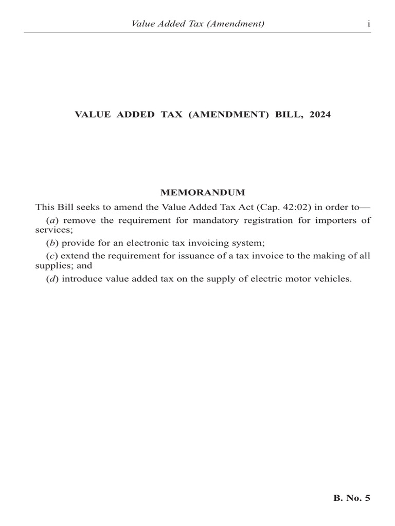 Bill No. 5 of 2024 - Value Added Tax (Amendment) | PDF | Invoice ...
