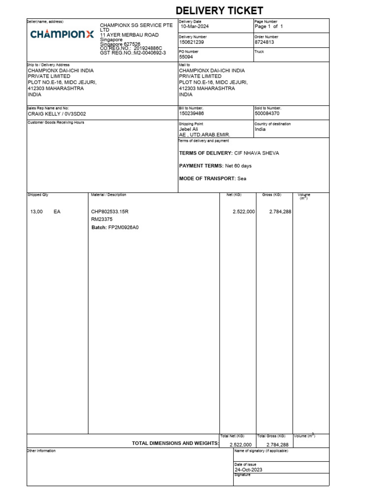 ChampionX Delivery Ticket to India | PDF | Supply Chain Management ...
