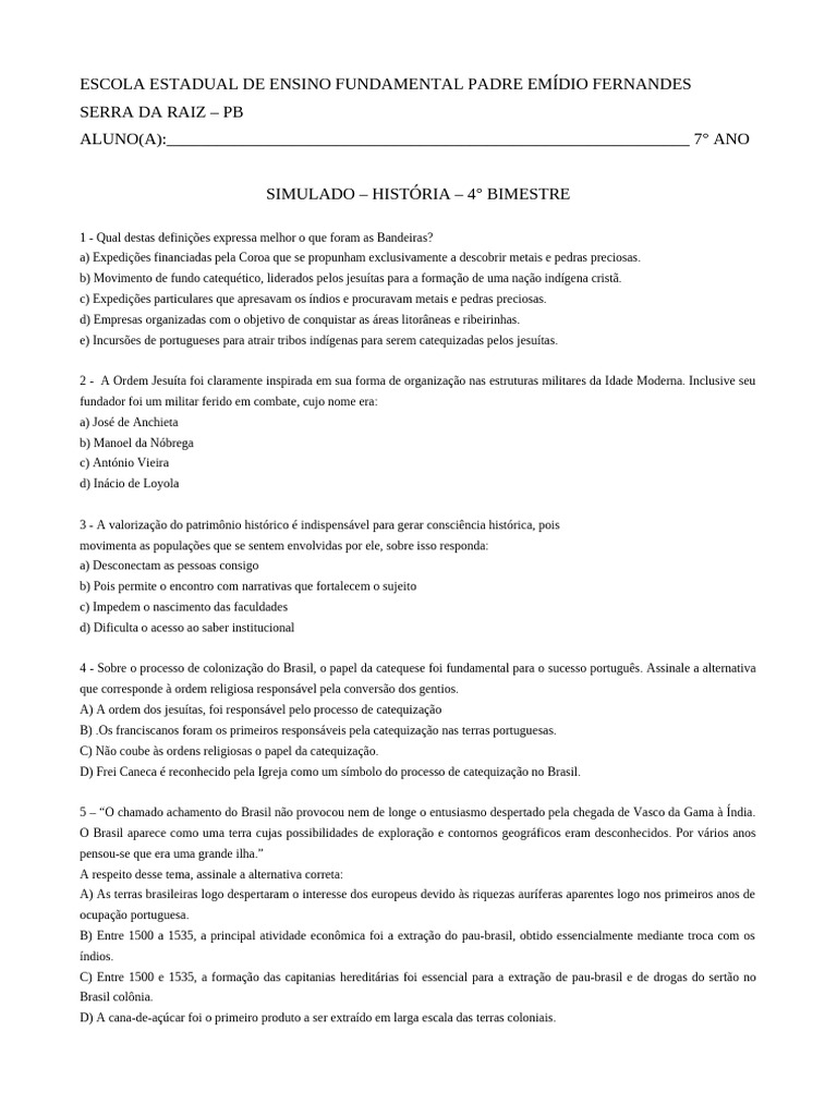 7° ano - História | PDF | Brasil | Catecismo