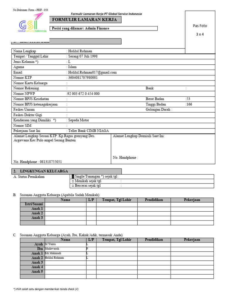 Formulir Lamaran Kerja PT Global Service Indonesia-1 | PDF