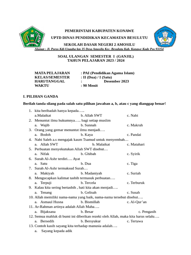 Soal Pas Pai Kelas 2 Semester 1 | PDF | Agama & Spiritualitas