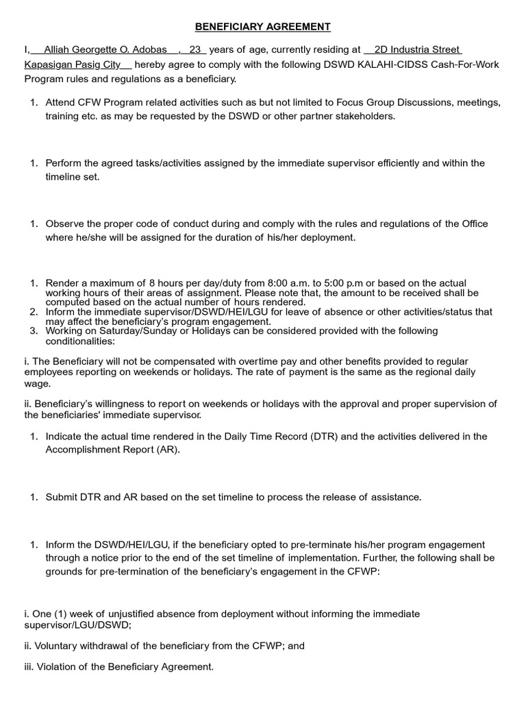 Beneficiary-Agreement-Template - Docx 20240811 214501 0000 | PDF | Overtime | Economies