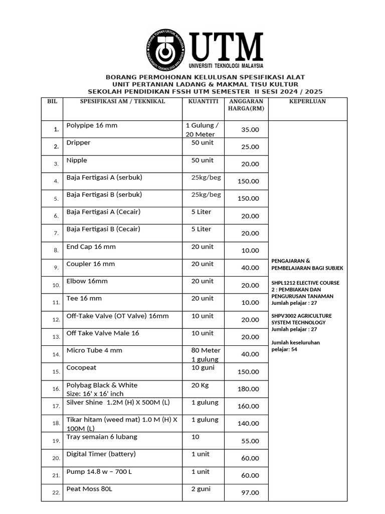 Contoh Format Perancangan Pembelian SOE FSSH (1) (AutoRecovered) | PDF