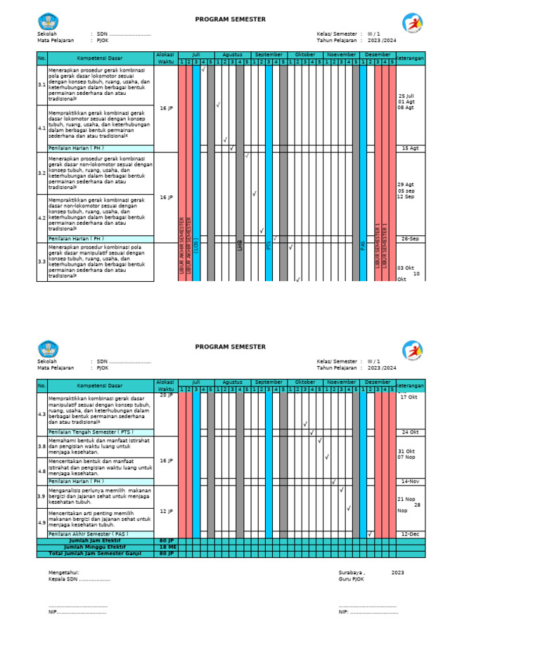 03 Prosem Pjok 2020 Kelas 3 Sem 1 Tahun 2023 | PDF