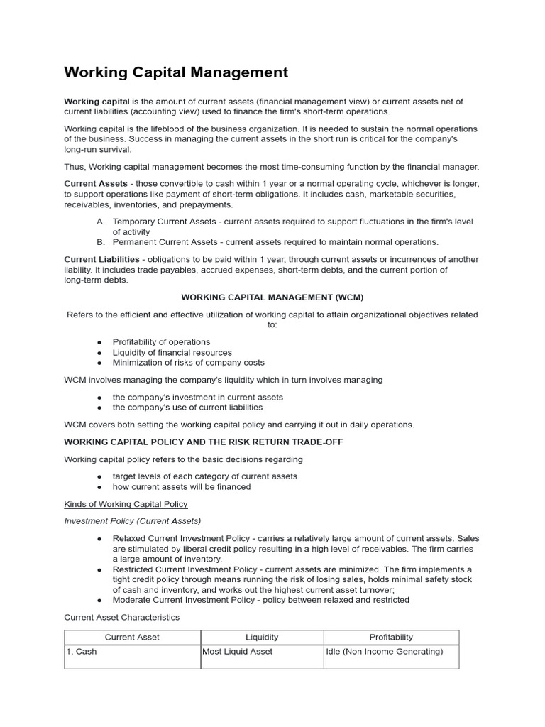 Working Capital Management | PDF | Financial Risk | Working Capital