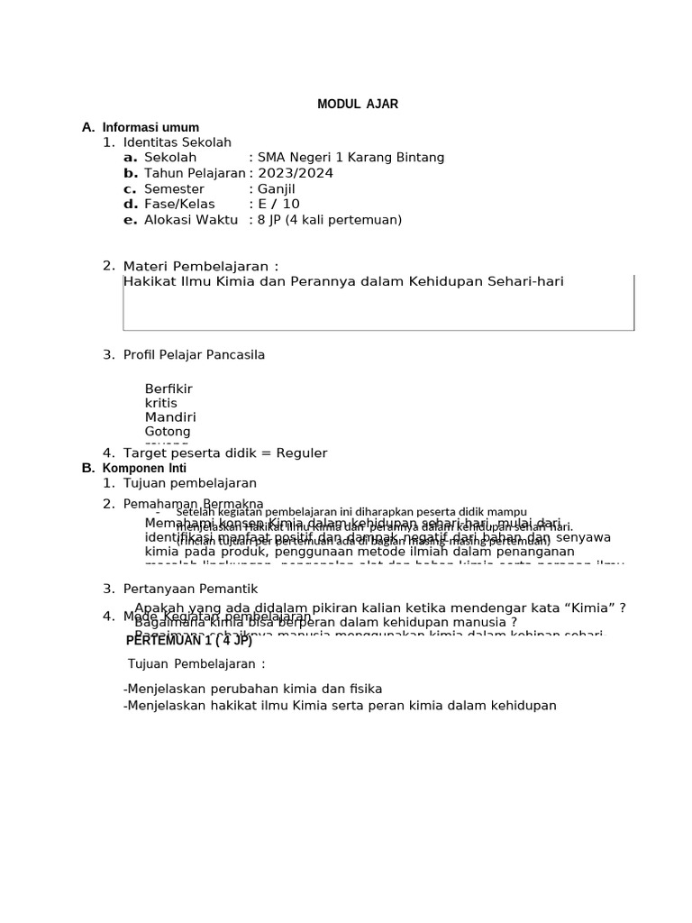 Modul Ajar Kimia Laila - HAKIKAT ILMU KIMIA | PDF