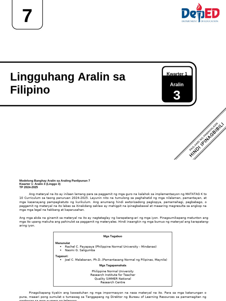 LE - Q1 - Filipino 7 - Lesson 3 Week 3 | PDF