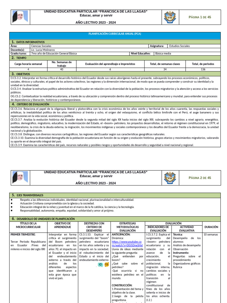 7mo Egb Formato Pca 2023 - 2024 Sociales | PDF | Ecuador | Migración humana