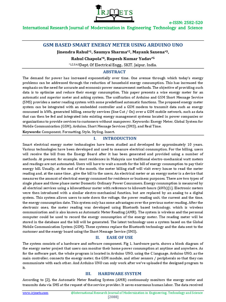GSM Based Smart Energy Meter Using Arduino Uno | PDF | Telecommunications | Electrical Engineering