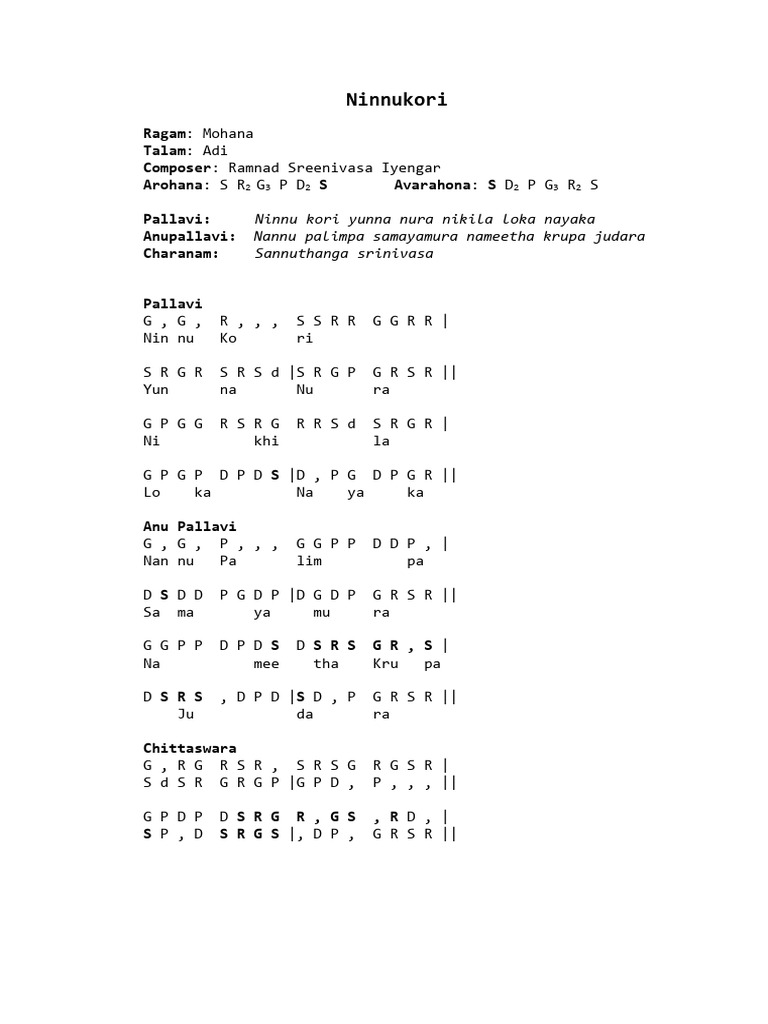 01 Ninnukori Mohanam Varnam-1 | PDF | Musicology | Classical And Art ...
