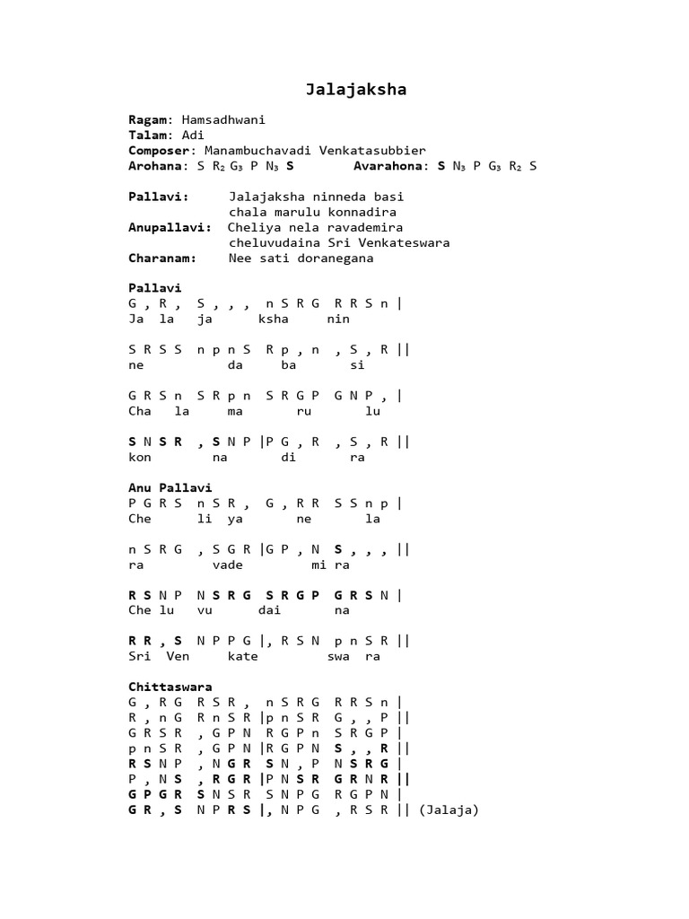 02 Jalajaksha Hamsadhwani Varnam-1 | PDF | Pitch (Music) | Classical ...