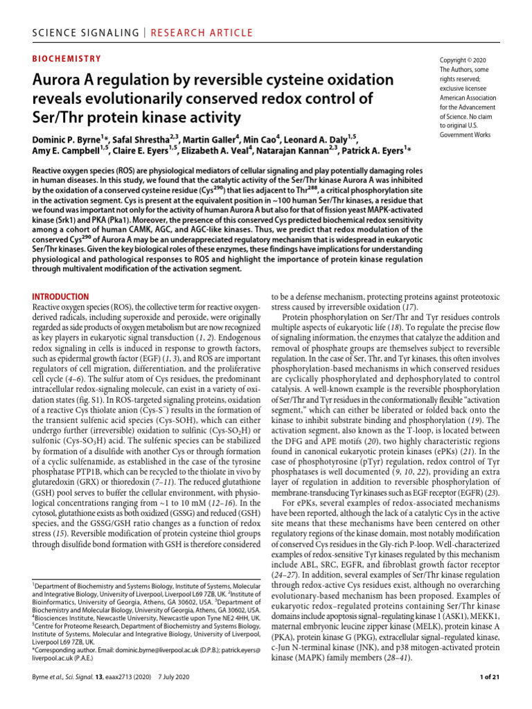 Aurora A Regulation by Reversible Cysteine Oxidation Reveals ...
