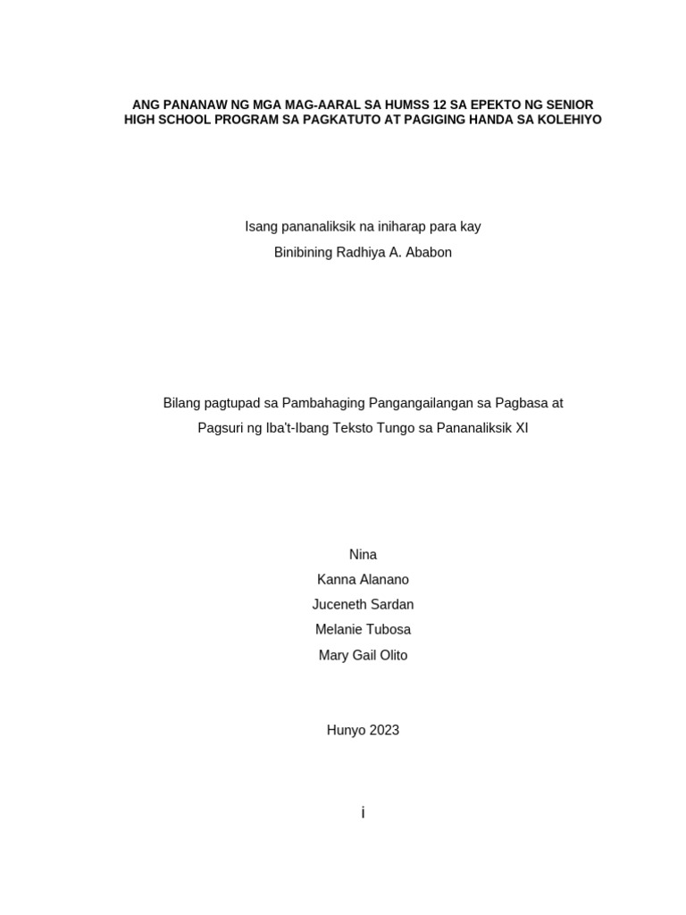 Ang Pananaw NG Mga Mag-Aaral Sa Humss 12 Sa Epekto NG Senior High School Program Sa Pagkatuto at ...