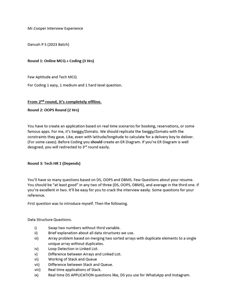 MrCooper Interview Experience | PDF | Inheritance (Object Oriented Programming) | Algorithms And ...