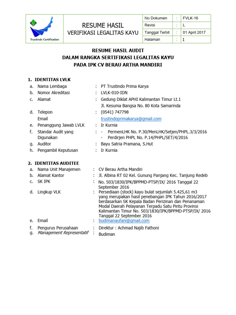 Resume Hasil Sertifikasi Legalitas Kayu IPK CV Berau Artha Mandiri | PDF