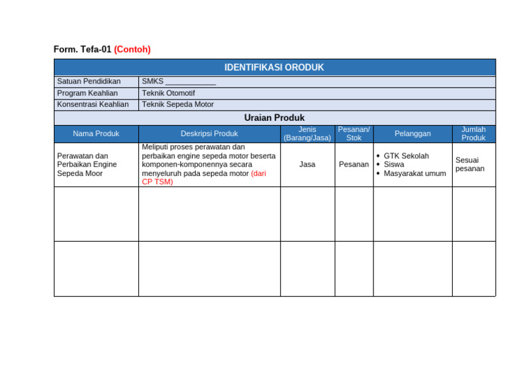 Form. Tefa 01 Identifikasi Produk (Contoh) | PDF