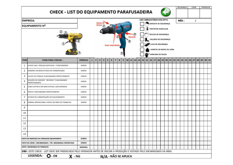 Checklist PARAFUSADEIRA A BATERIA | PDF