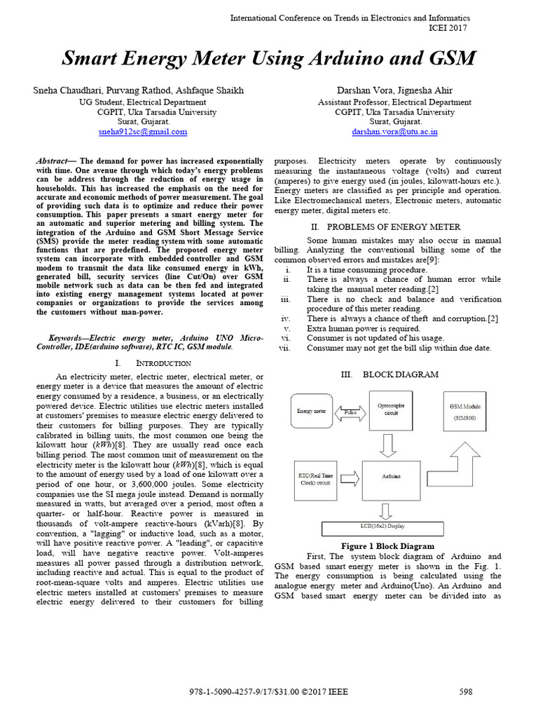 Smart Energy Meter Using Arduino and GSM | PDF | Electrical Engineering | Electricity