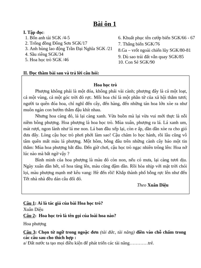 Bài ôn T. Việt GK2, 21-22 | PDF