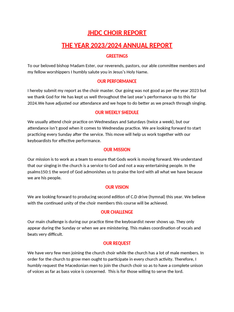 JHDC CHOIR REPORT | PDF | Choir | Christian Denominational Families
