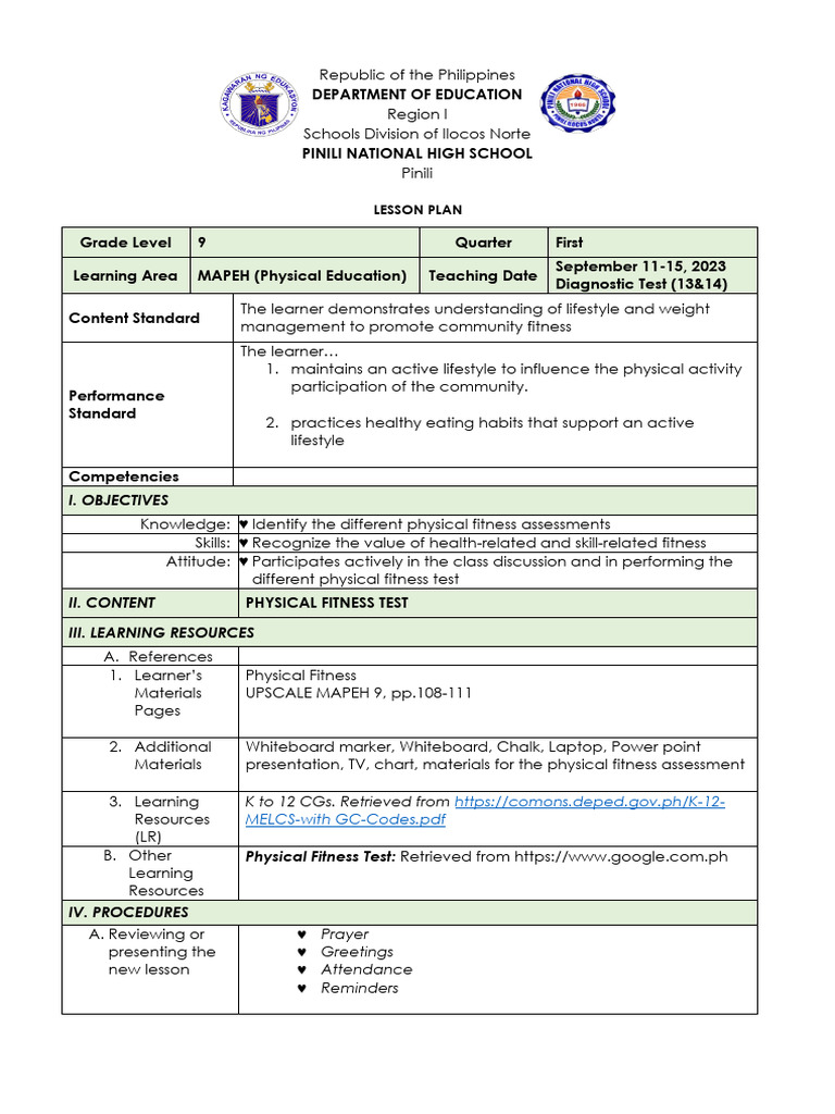 Lesson Plan PE-PFT 1st Week | PDF | Physical Fitness | Body Mass Index