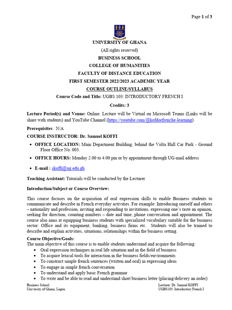 UGBS 103 COURSE OUTLINE-Main Campus | PDF | Lecture | Plagiarism