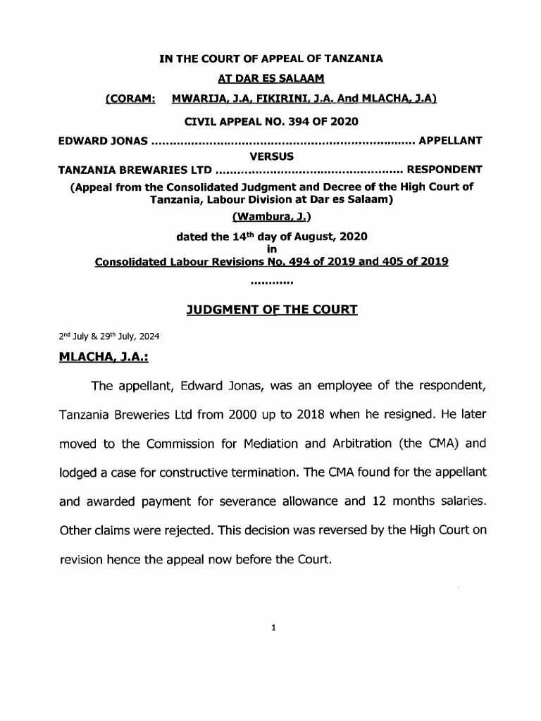 Edward Jonas vs. Tanzania Breweries Appeal | PDF | Appeal | Judgment (Law)