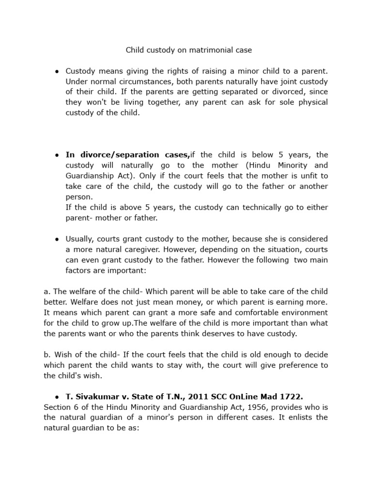 Child Custody in Matrimonial Disputes | PDF | Child Custody | Legal ...