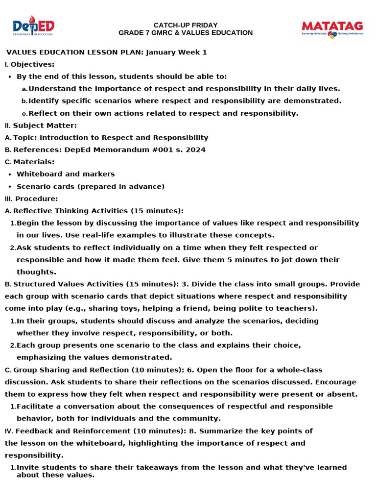 Grade 7 Values Education Lesson Plans | PDF | Lesson Plan | Gratitude