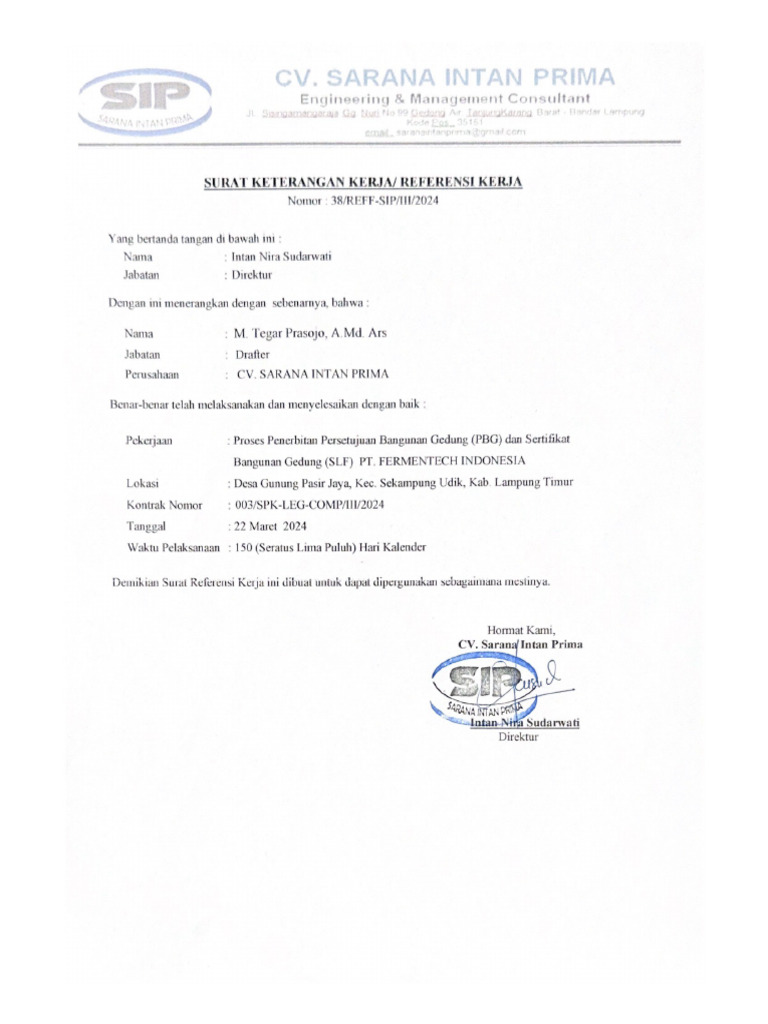 Surat Referensi Kerja M Tegar | PDF