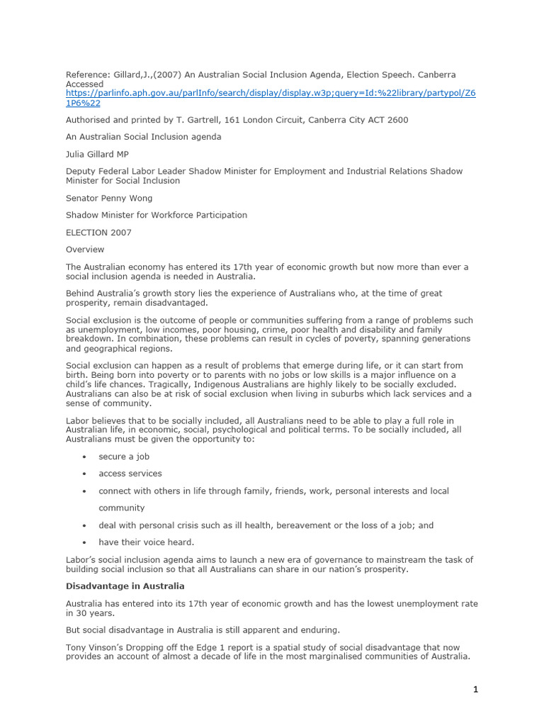 Labor's Social Inclusion Agenda | PDF | Social Exclusion | Disability