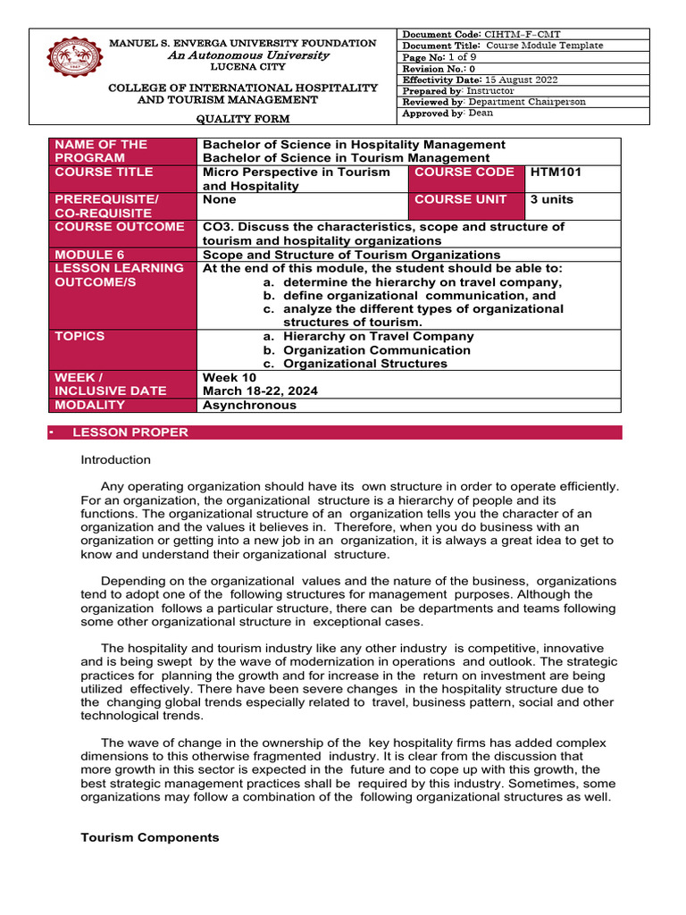 Hyflex Module 6 Week 10 - HTM 101 the Scope and Structure of Tourism Orgsnizations 3-18-24 | PDF ...