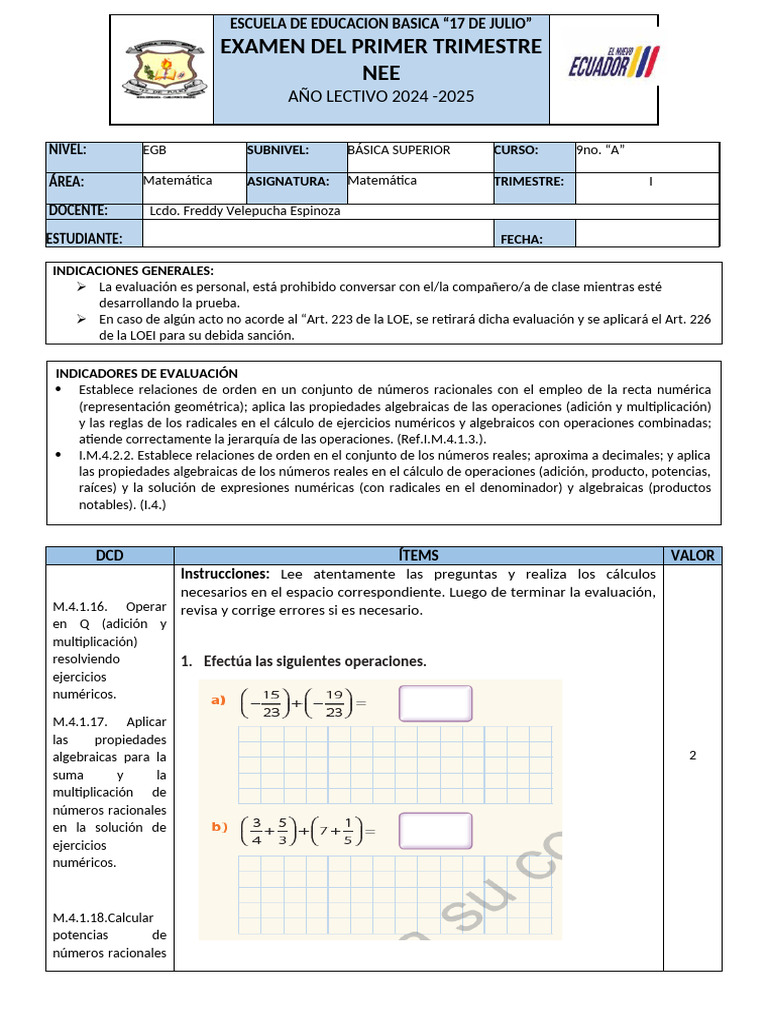 Noveno - Matemática - Nee | PDF | Exponenciación | Número racional