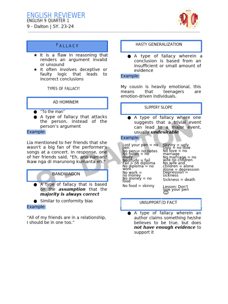 English Reviewer Q4 23-24 | PDF | Argument | Fallacy