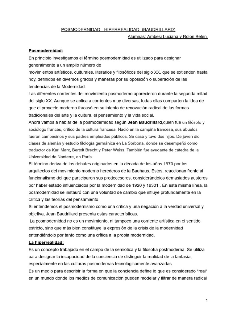 Posmodernidad e Hiperrealidad según Baudrillard | PDF | Educación en ...